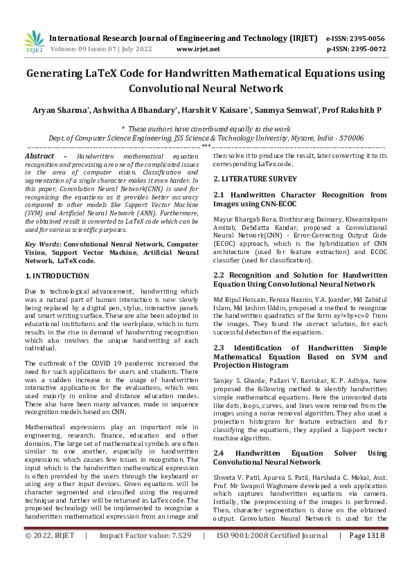 Pdf Generating Latex Code For Handwritten Mathematical Equations Using Convolutional Neural