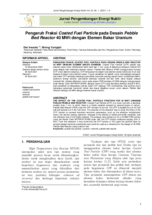 (PDF) Studi Pengaruh Fraksi Coated Fuel Particle pada Desain Pebble Bed ...