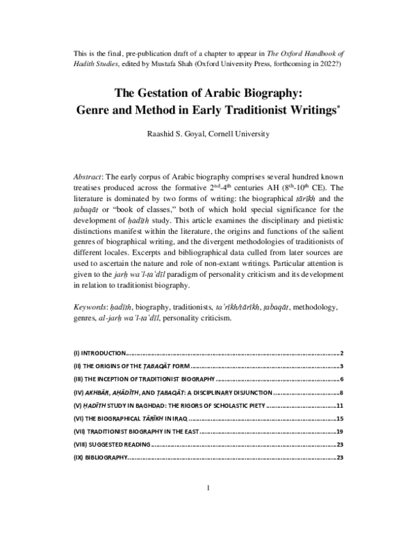 (PDF) The Gestation of Arabic Biography: Genre and Method in Early ...