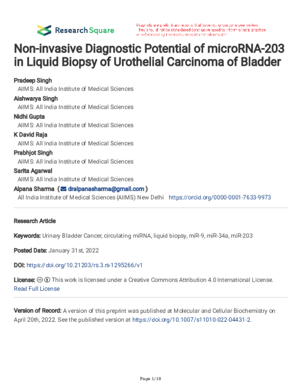(PDF) Non-invasive Diagnostic Potential of microRNA-203 in Liquid Biopsy of Urothelial Carcinoma ...
