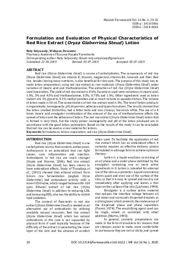 (PDF) Formulation and Evaluation of Physical Characteristics of Red Rice Extract (Oryza ...