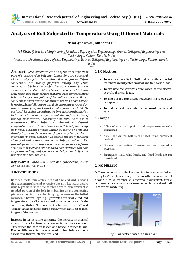 (PDF) Analysis of Bolt Subjected to Temperature Using Different Materials