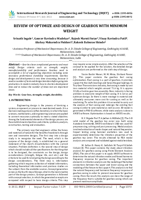 (PDF) REVIEW OF OPTIMIZE AND DESIGN OF GEARBOX WITH MINIMUM WEIGHT