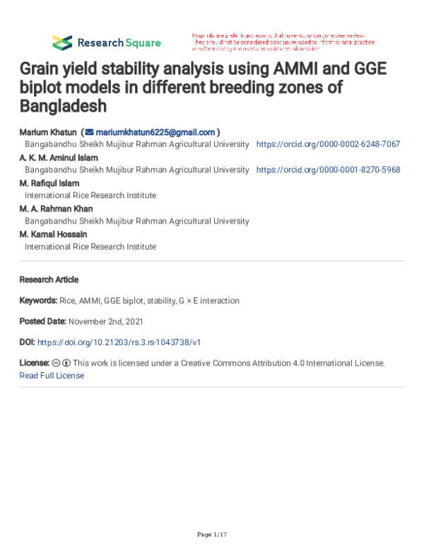 (PDF) Grain yield stability analysis using AMMI and GGE biplot models in different breeding ...