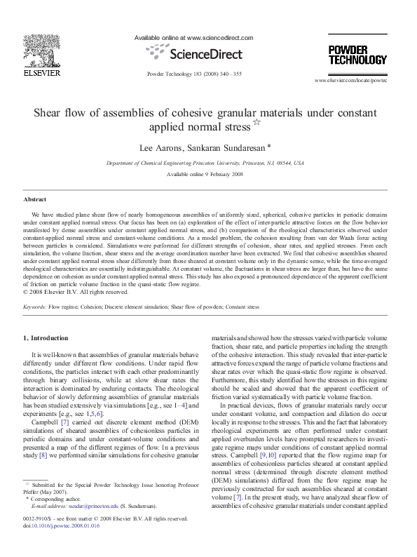 (PDF) Shear flow of assemblies of cohesive granular materials under constant applied normal stress