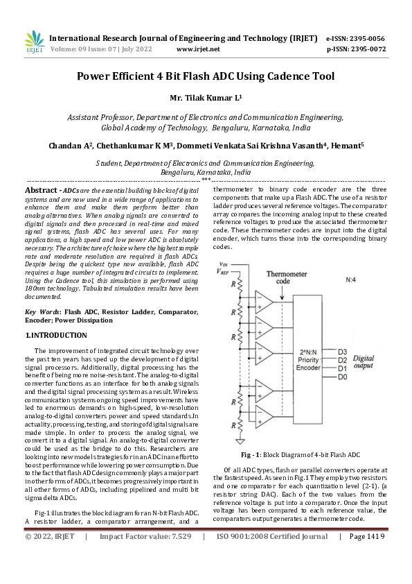 Pdf Power Efficient 4 Bit Flash Adc Using Cadence Tool Irjet Journal