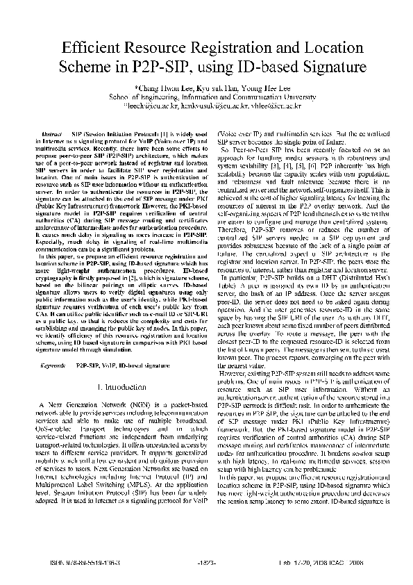 (PDF) Efficient Resource Registration and Location Scheme in P2P-SIP, using ID-based Signature