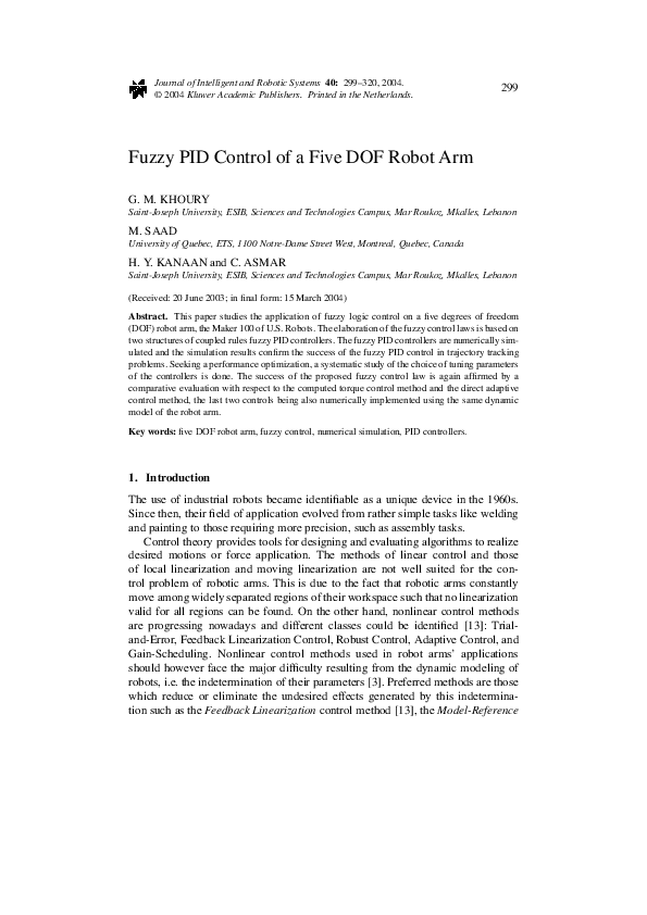 (PDF) Fuzzy PID Control of a Five DOF Robot Arm