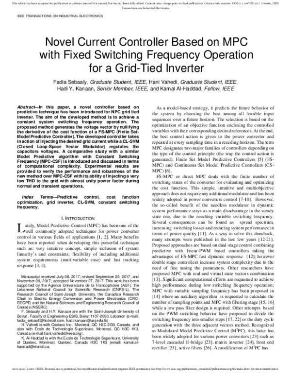 Pdf Novel Current Controller Based On Mpc With Fixed Switching Frequency Operation For A Grid