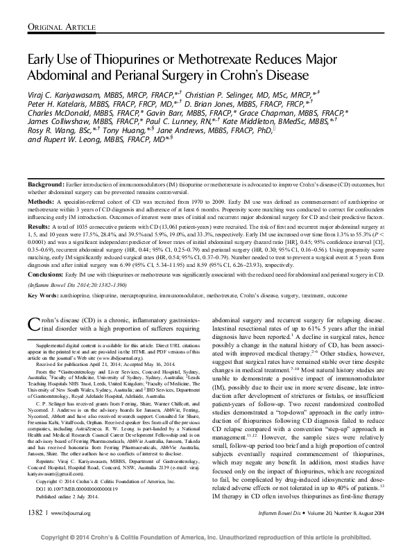 (PDF) Early Use of Thiopurines or Methotrexate Reduces Major Abdominal ...