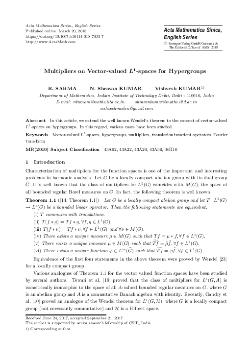 (PDF) Multipliers on Vector-valued L1-spaces for Hypergroups