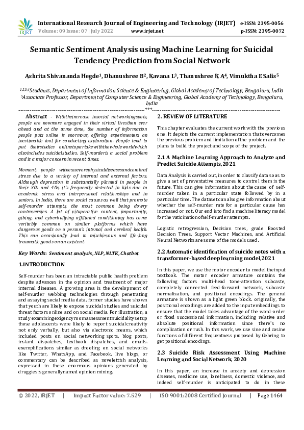 Pdf Semantic Sentiment Analysis Using Machine Learning For Suicidal Tendency Prediction From