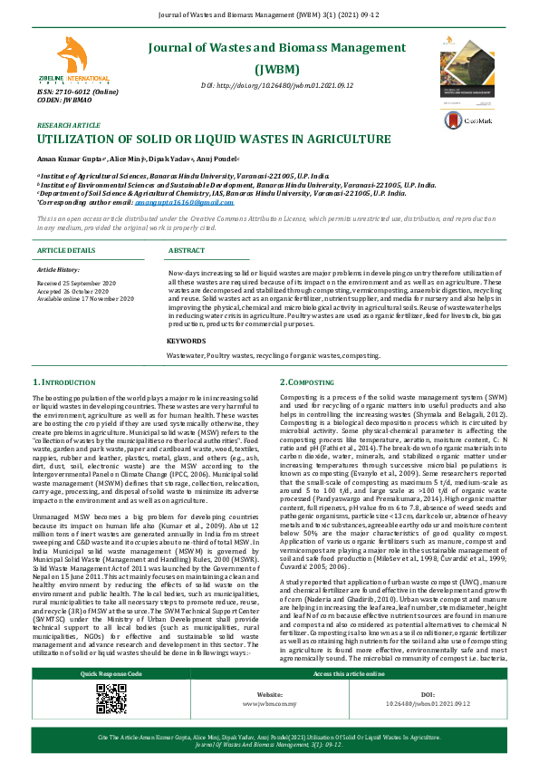 (PDF) Utilization of Solid or Liquid Wastes in Agriculture