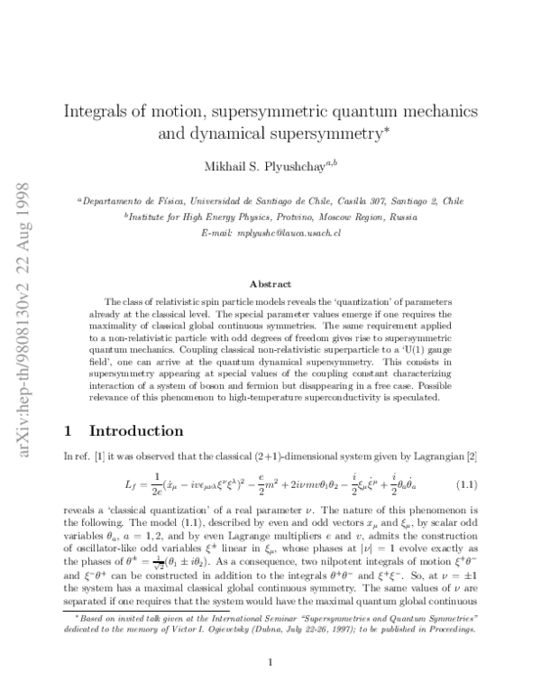 (PDF) Integrals of motion, supersymmetric quantum mechanics and dynamical supersymmetry