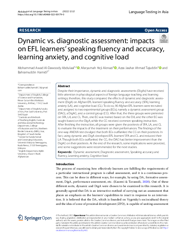 (PDF) Dynamic vs. diagnostic assessment: impacts on EFL learners’ speaking fluency and accuracy ...