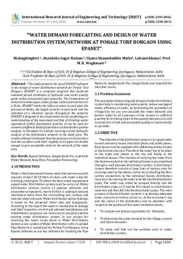 (PDF) "WATER DEMAND FORECASTING AND DESIGN OF WATER DISTRIBUTION SYSTEM ...