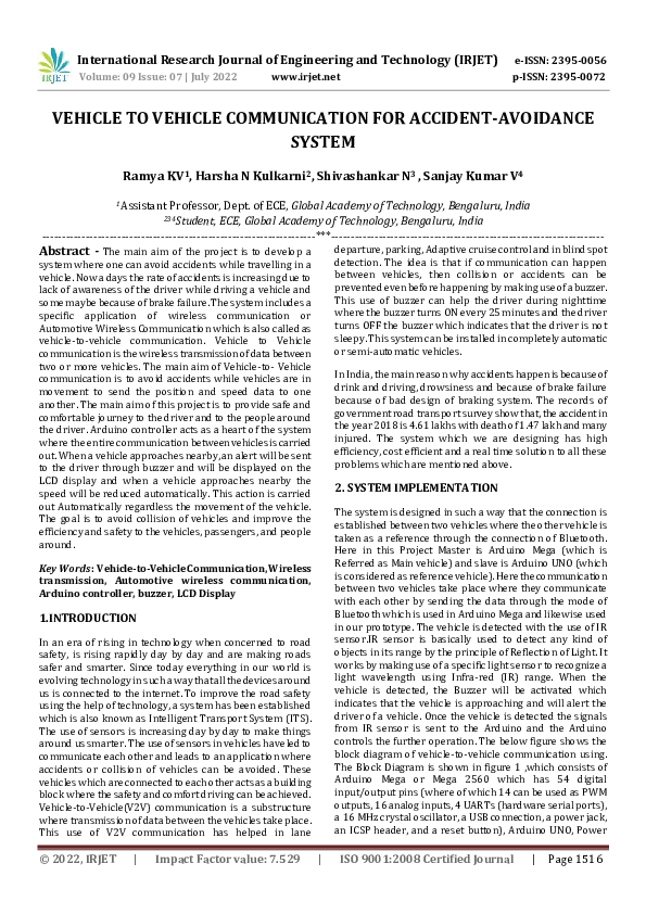 (PDF) VEHICLE TO VEHICLE COMMUNICATION FOR ACCIDENT-AVOIDANCE SYSTEM