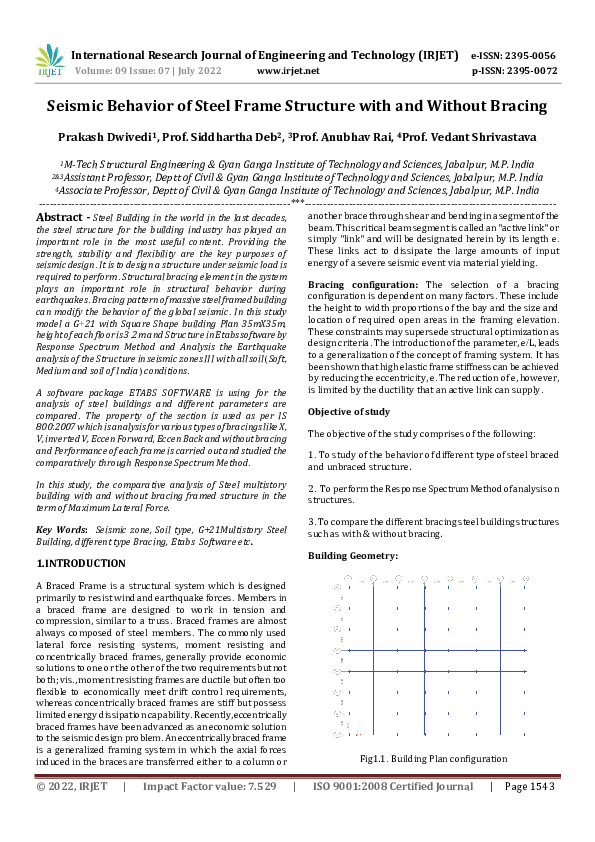 Pdf Seismic Behavior Of Steel Frame Structure With And Without Bracing