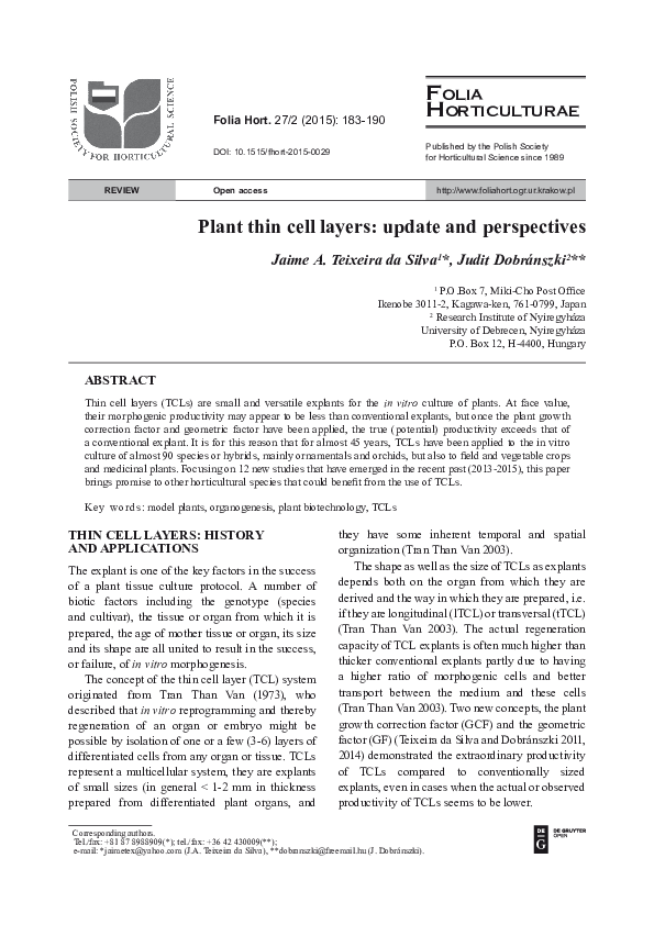 (PDF) Plant thin cell layers: update and perspectives