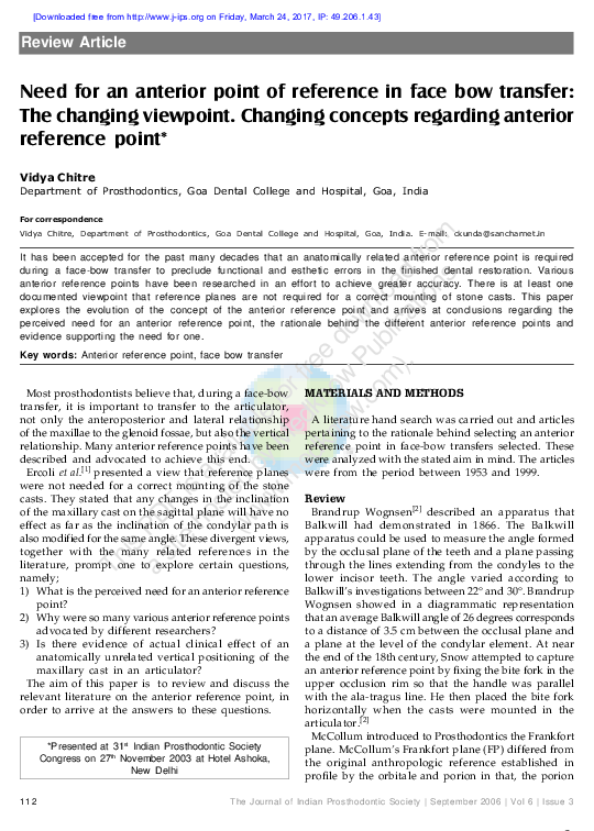 (PDF) Need for an anterior point of reference in face bow transfer: The ...