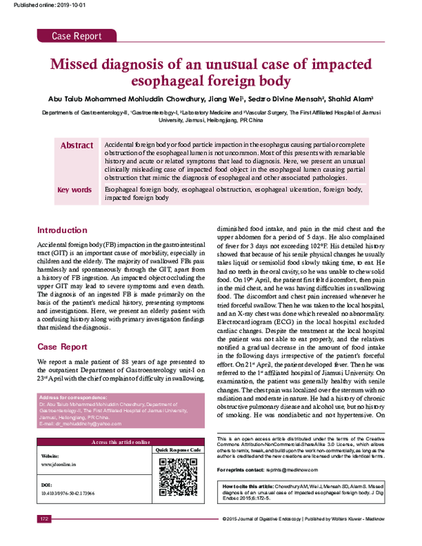 (PDF) Missed diagnosis of an unusual case of impacted esophageal ...