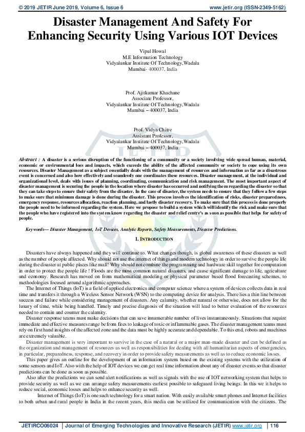 (PDF) Disaster Management And Safety For Enhancing Security Using Various IOT Devices