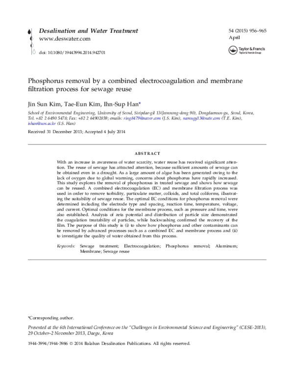 (PDF) Phosphorus removal by a combined electrocoagulation and membrane filtration process for ...