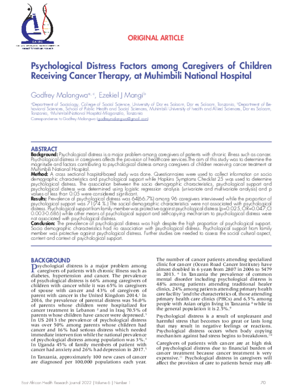 (PDF) Psychological Distress Factors among Caregivers of Children ...