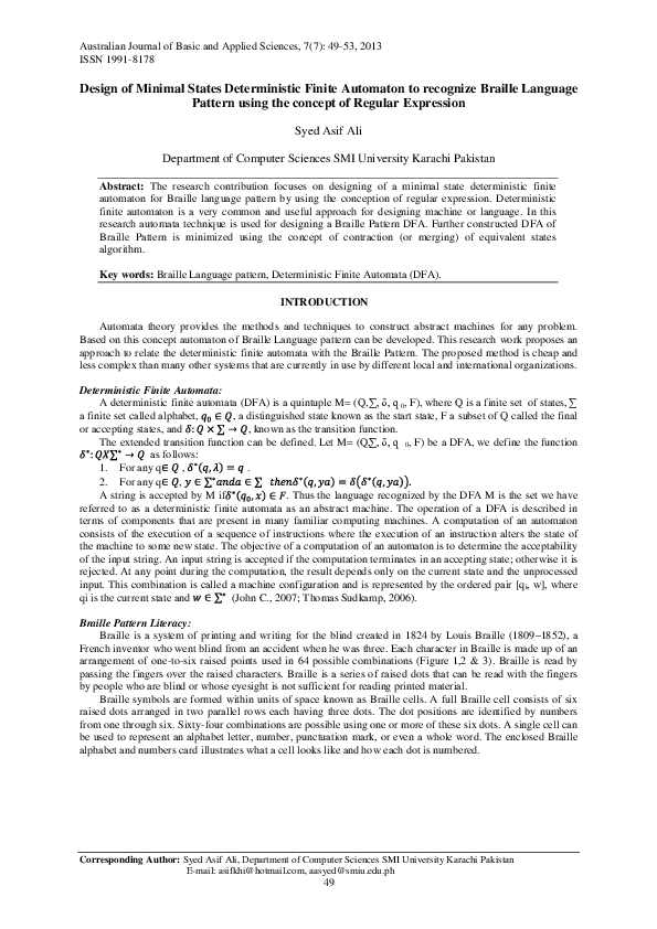 Pdf Minimal State Dfa Design For Recognizing Braille Patterns
