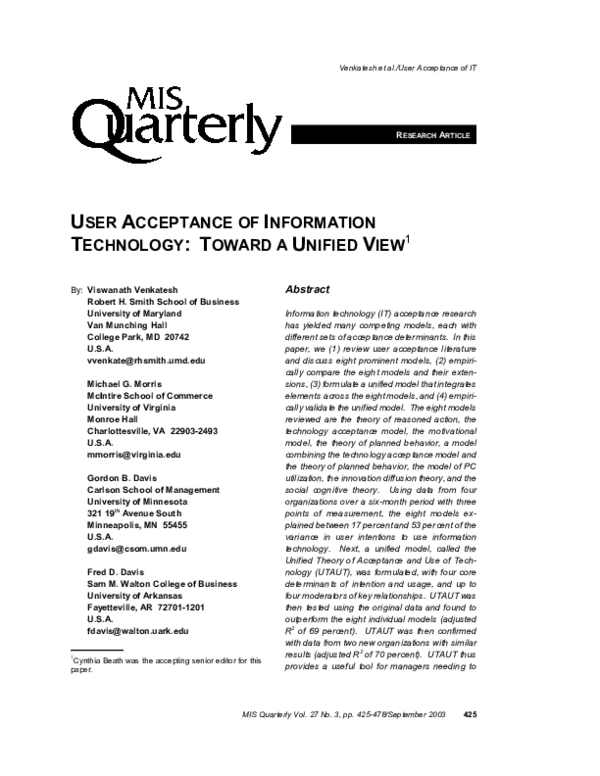 (PDF) User Acceptance of Information Technology: Toward a Unified View