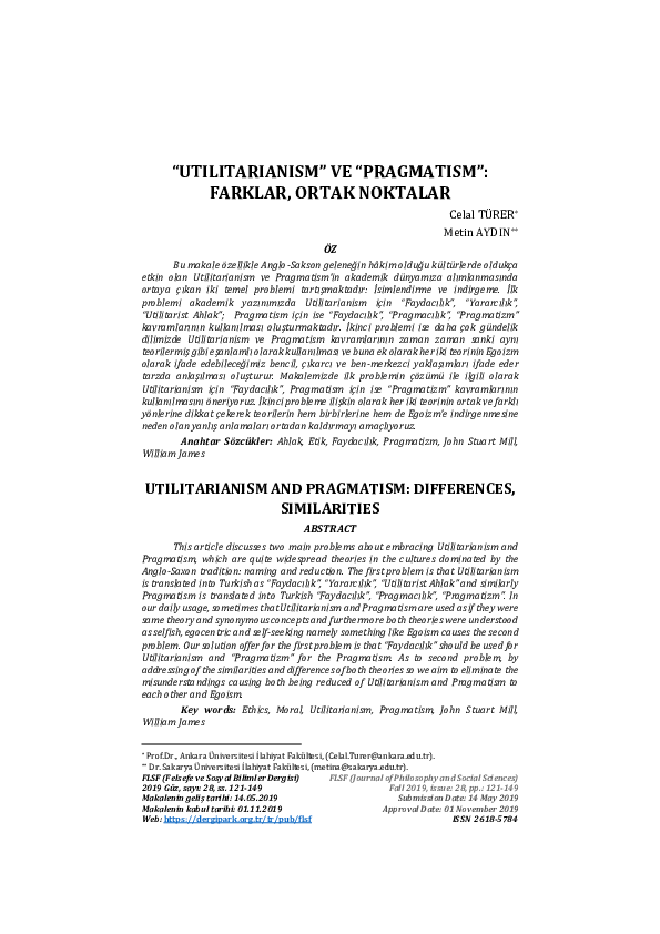 (PDF) “Utilitarianism” Ve “Pragmatism”: Farklar, Ortak Noktalar