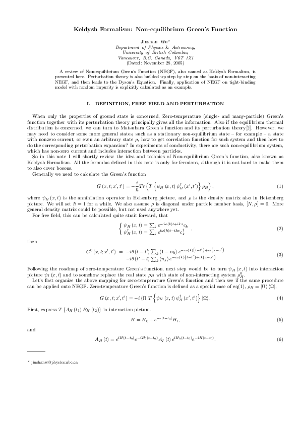 (PDF) Keldysh Formalism : Non-equilibrium Green ’ s Function