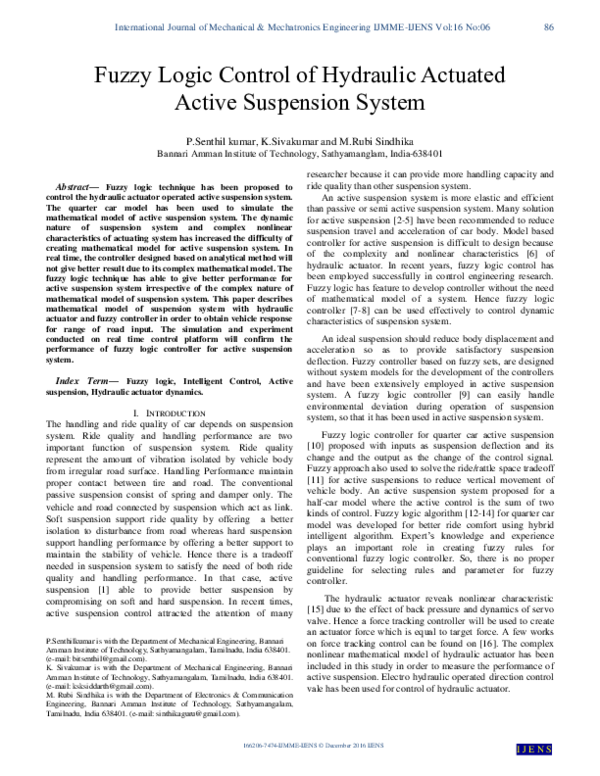 (PDF) Fuzzy Logic Control of Hydraulic Actuated Active Suspension System