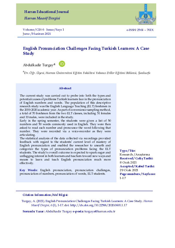 (PDF) English Pronunciation Challenges Facing Turkish Learners: A Case ... (PDF) English Pronunciation Challenges Facing Turkish Learners: A Case ...