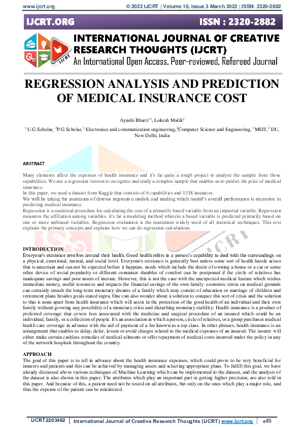 (PDF) Regression Analysis and Prediction of Medical Insurance Cost