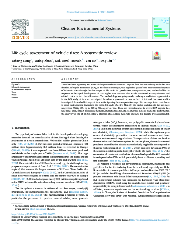 (PDF) Life cycle assessment of vehicle tires: A systematic review