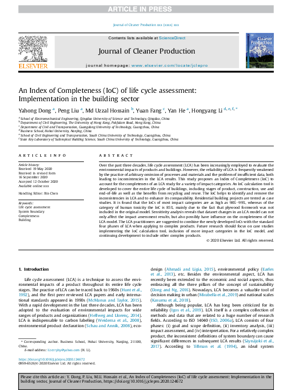 (PDF) An Index of Completeness (IoC) of life cycle assessment ...