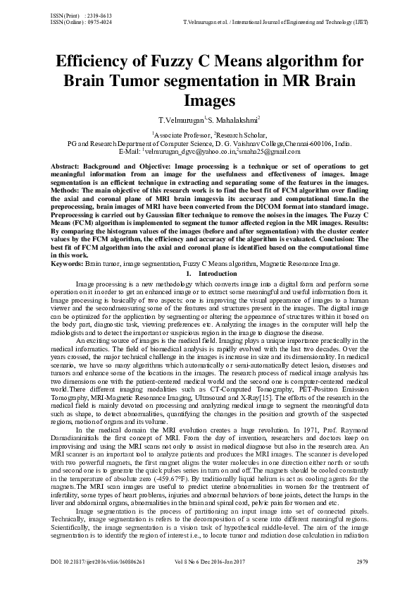 (PDF) Efficiency of Fuzzy C Means algorithm for Brain Tumor segmentation in MR Brain Images | Dr ...
