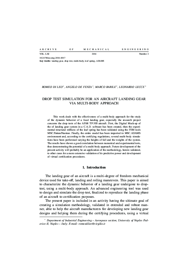 (PDF) Drop Test Simulation for An Aircraft Landing Gear Via Multi-Body ...