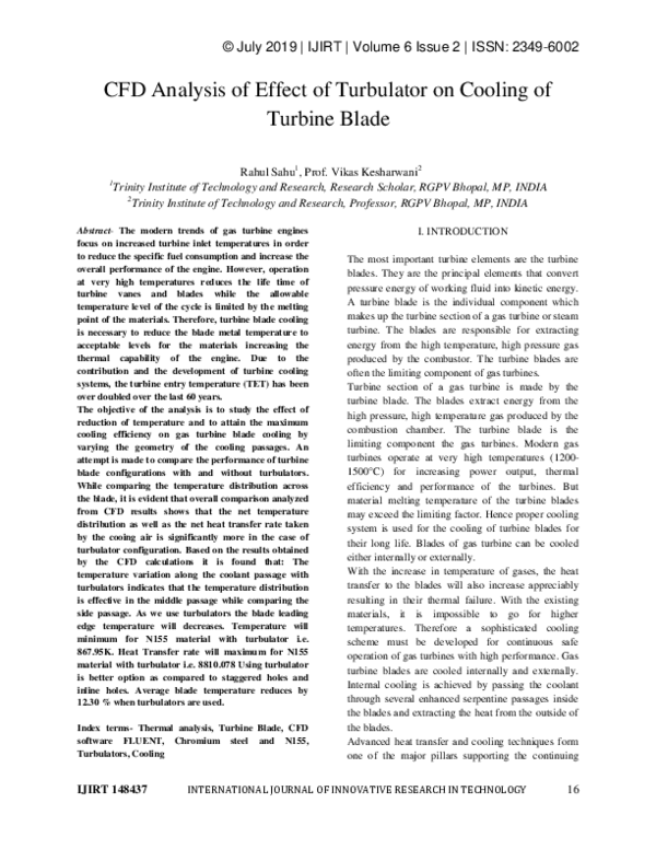 (PDF) CFD Analysis of Effect of Turbulator on Cooling of Turbine Blade