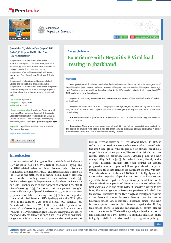 (PDF) Experience with Hepatitis B Viral load Testing in Jharkhand