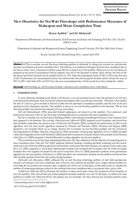 (PDF) Heuristics for no-wait flowshops with makespan subject to mean completion time | Harun ...