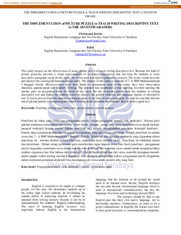 (PDF) THE IMPLEMENTATION of PICTURE PUZZLE to TEACH WRITING DESCRIPTIVE TEXT to THE SEVENTH GRADERS