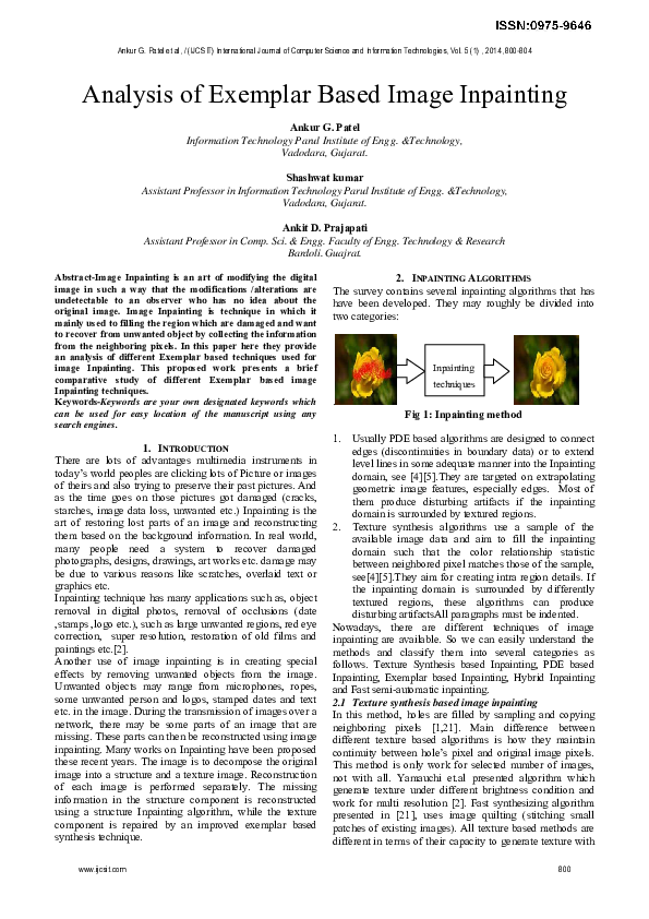 (PDF) Analysis of Exemplar Based Image Inpainting | Ankit Prajapati - Academia.edu