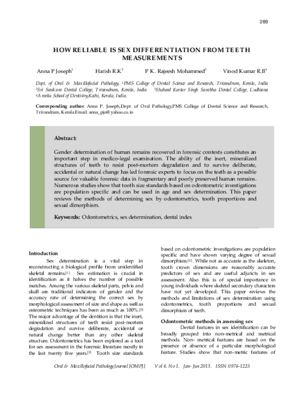 Pdf How Reliable Is Sex Differentiation From Teeth Measurements
