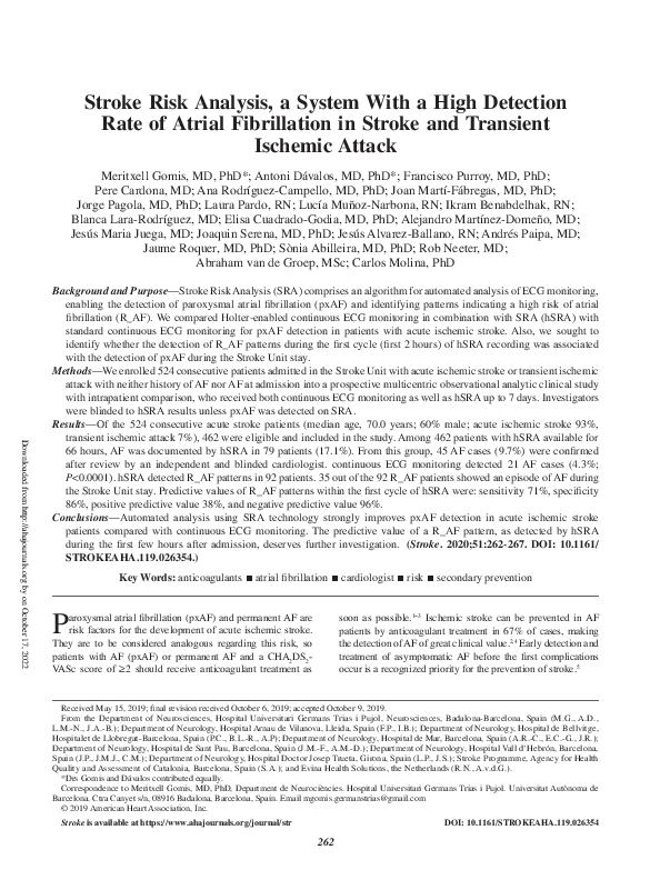 (PDF) Stroke Risk Analysis, a System With a High Detection Rate of Atrial Fibrillation in Stroke ...