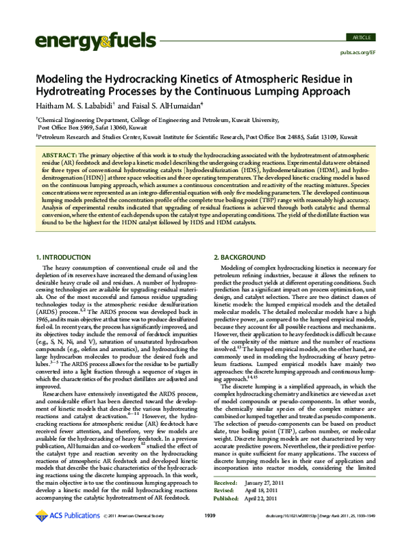 (PDF) Modeling the Hydrocracking Kinetics of Atmospheric Residue in Hydrotreating Processes by ...