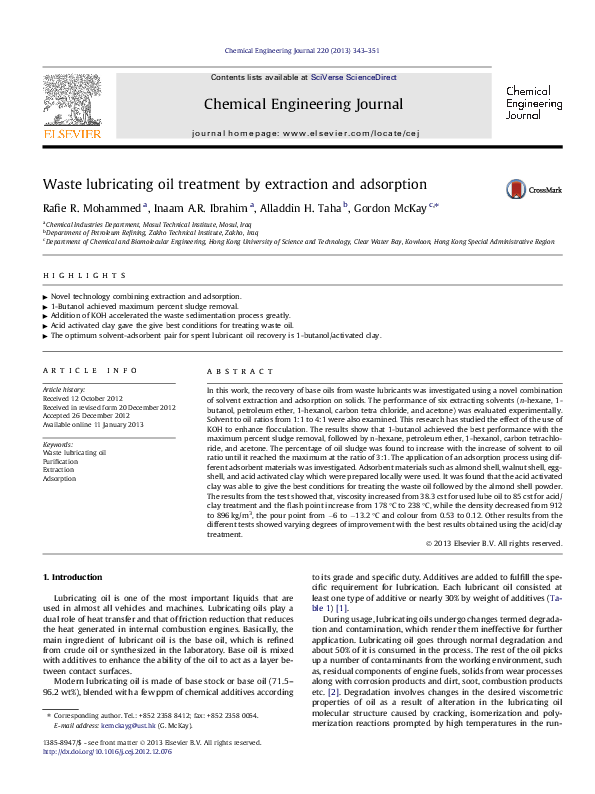 (PDF) Waste lubricating oil treatment by extraction and adsorption