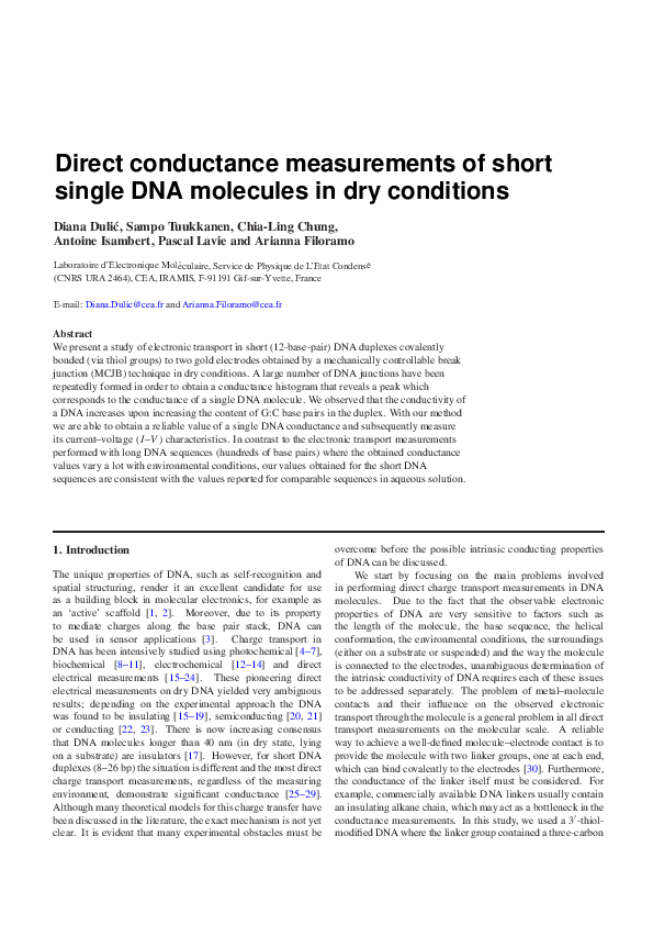 (PDF) Direct conductance measurements of short single DNA molecules in ...