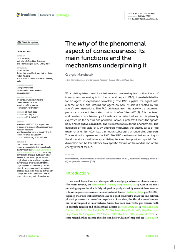 (PDF) The why of the phenomenal aspect of consciousness: Its main ...